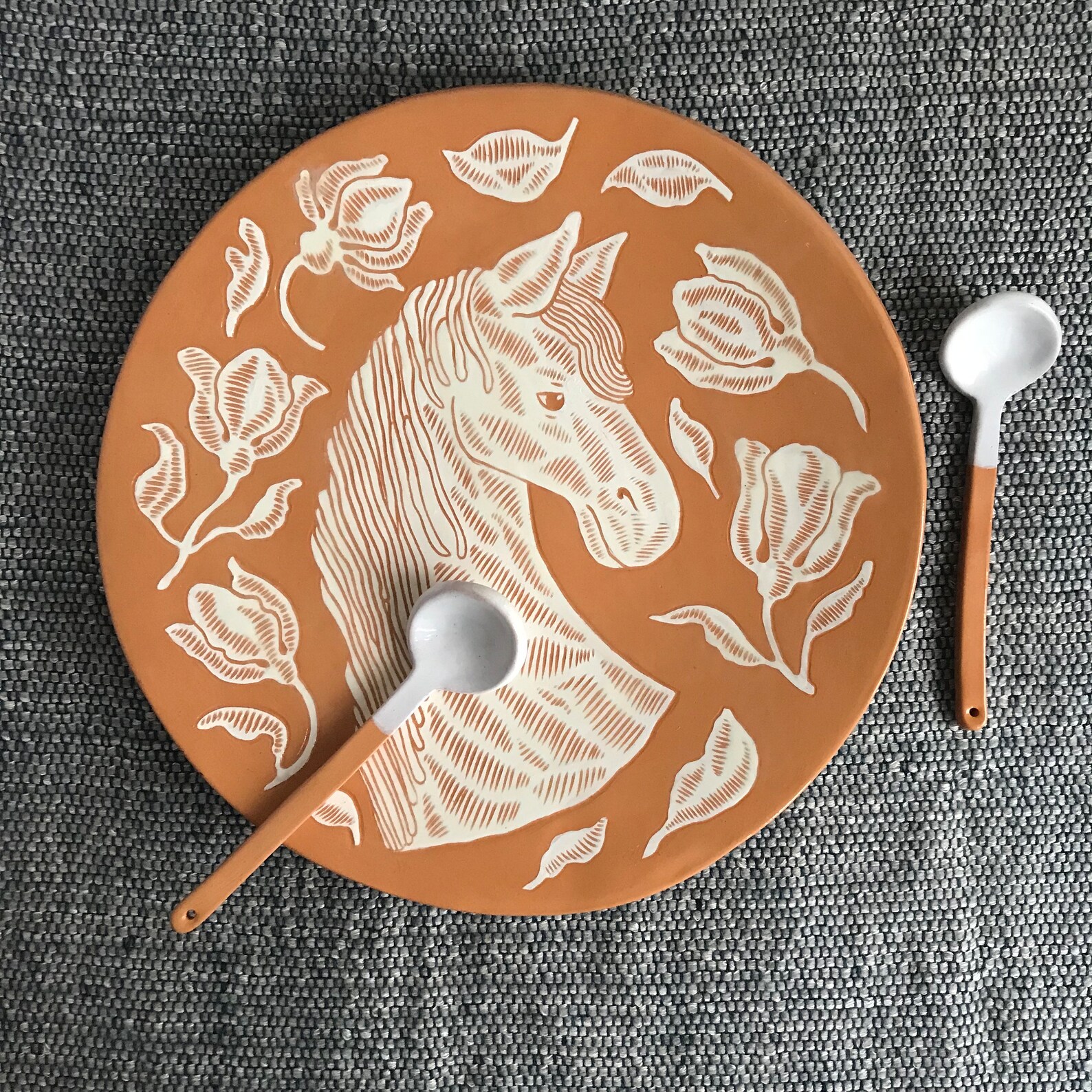 Sgraffito Pottery Plate With White Horse / Sgraffito Ceramic Platter ...