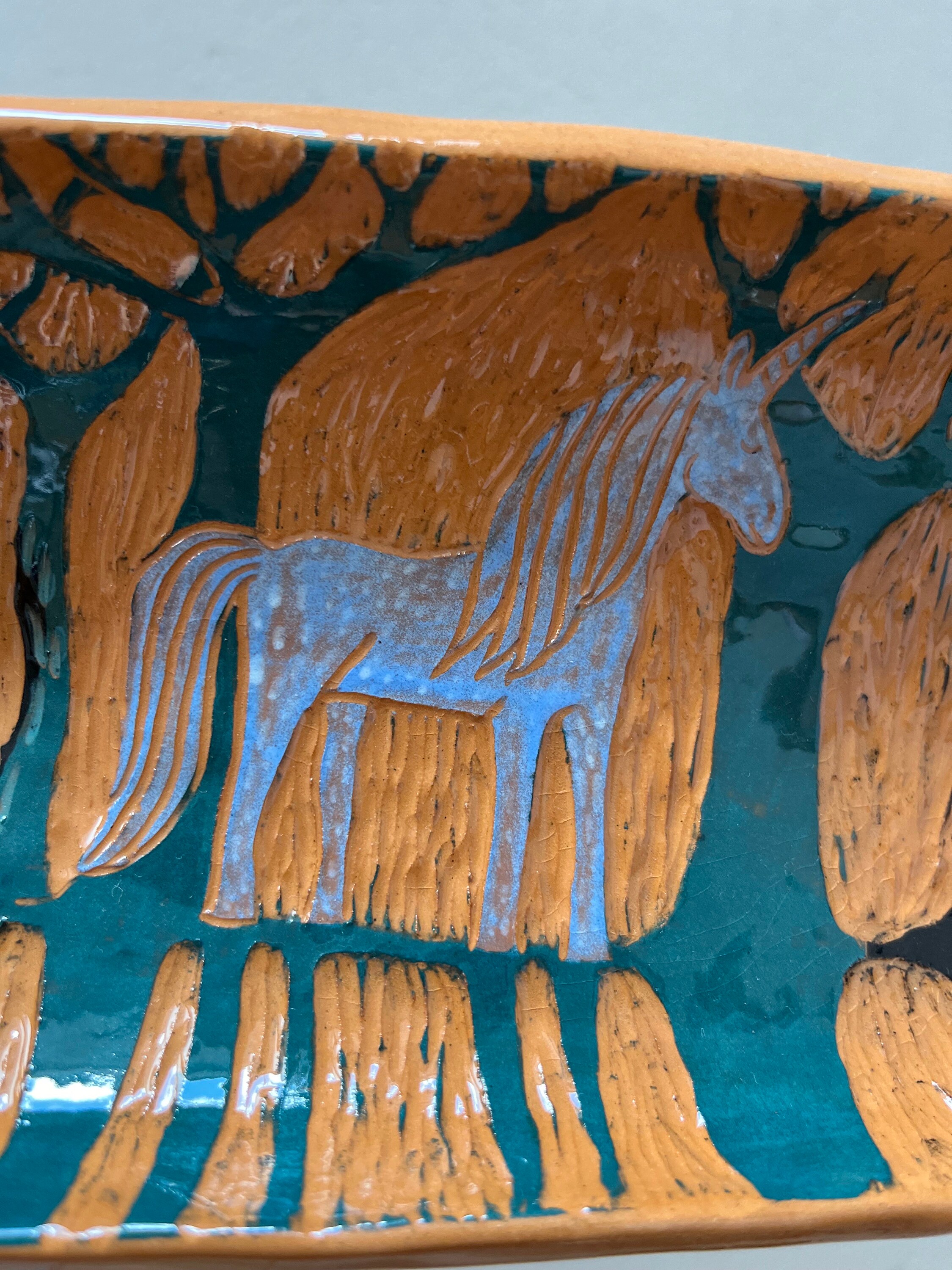 Footed Sgraffito Pottery Plate / Terracotta Dish With Unicorn and Trees ...
