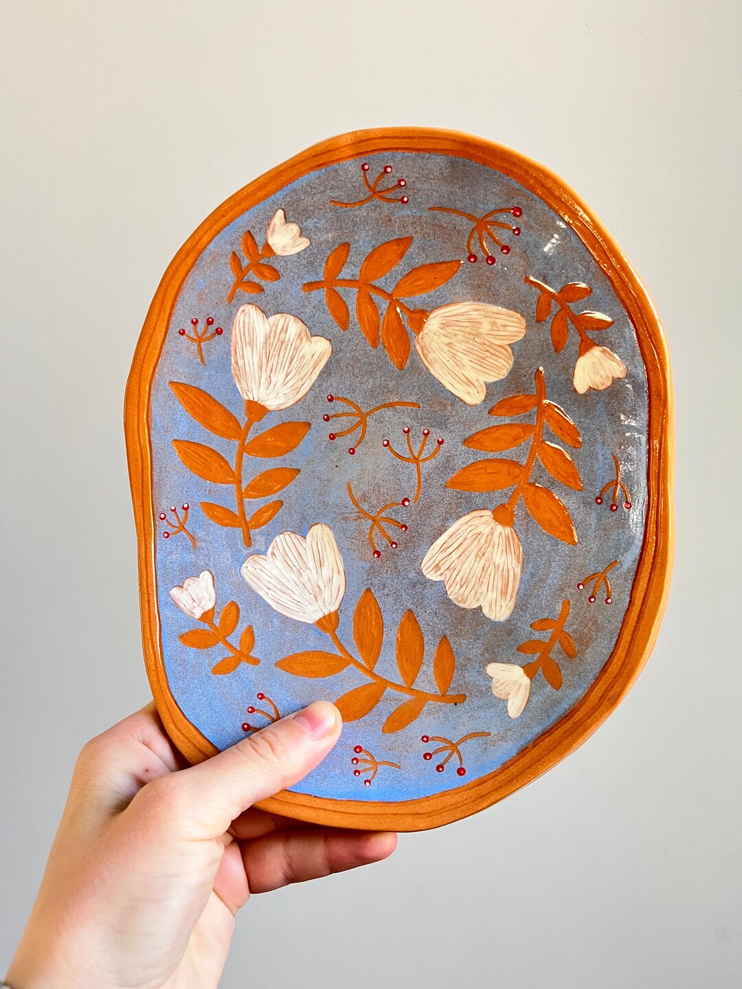 AVAILABLE: Light Blue Sgraffito Pottery Plate / Terracotta Dish With ...