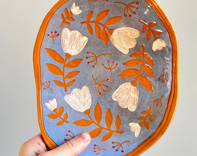 MADE TO ORDER: Light Blue Sgraffito Pottery Plate / Terracotta Dish ...