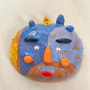 Ceramic Wall Art Decorative Mask, Handmade Blue Sgraffito Ceramic Wall ...