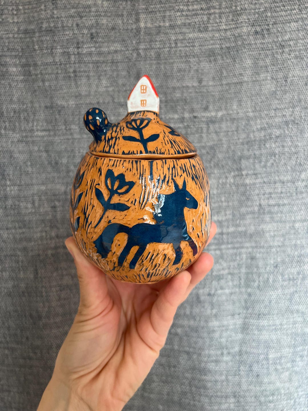 Sweets Storage Terracotta Box With Blue Sgraffito and A Tiny House ...