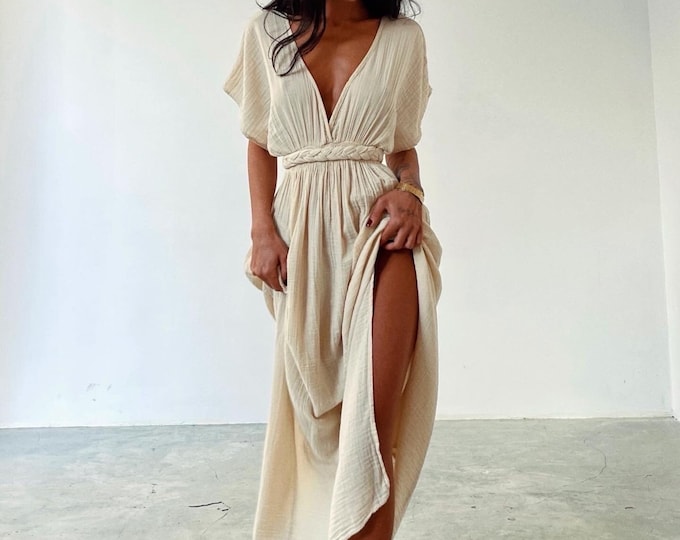 Belted Dress With Deep Slit,open Back Deep V-neck Boho Dress,summer ...