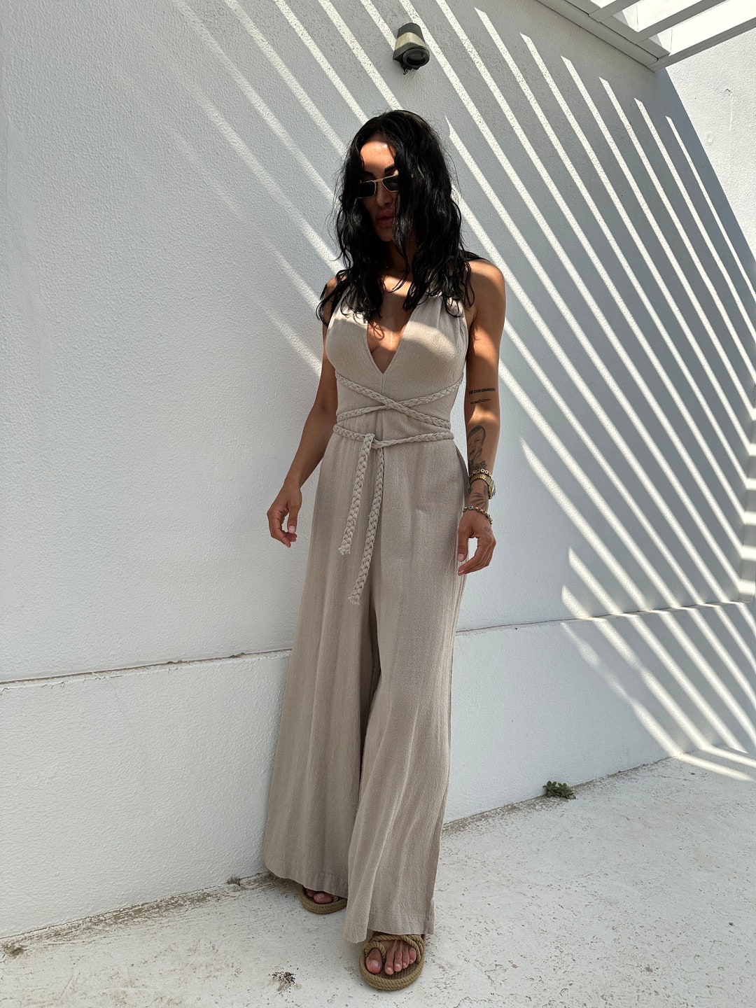 Linen Braided Straps Jumpsuit,bohemian Backless Jumpsuit Dress,,grecian ...