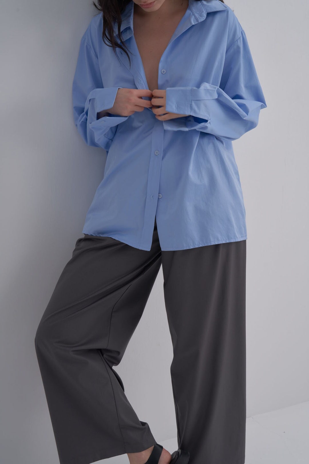 Blue Cotton Satin Shirt Women Comfortable Loose Fit,basic Shirts Women ...