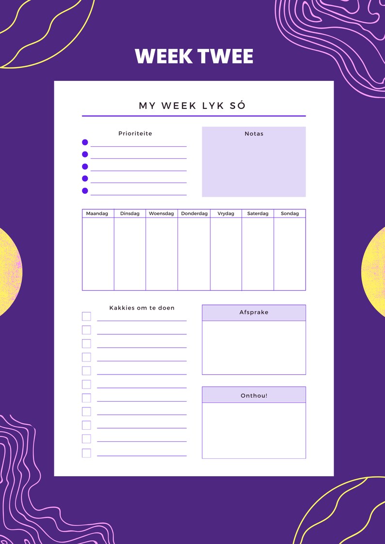 Afrikaans Weekly Planner, Printable A4 Weekly Schedule Organizer ...