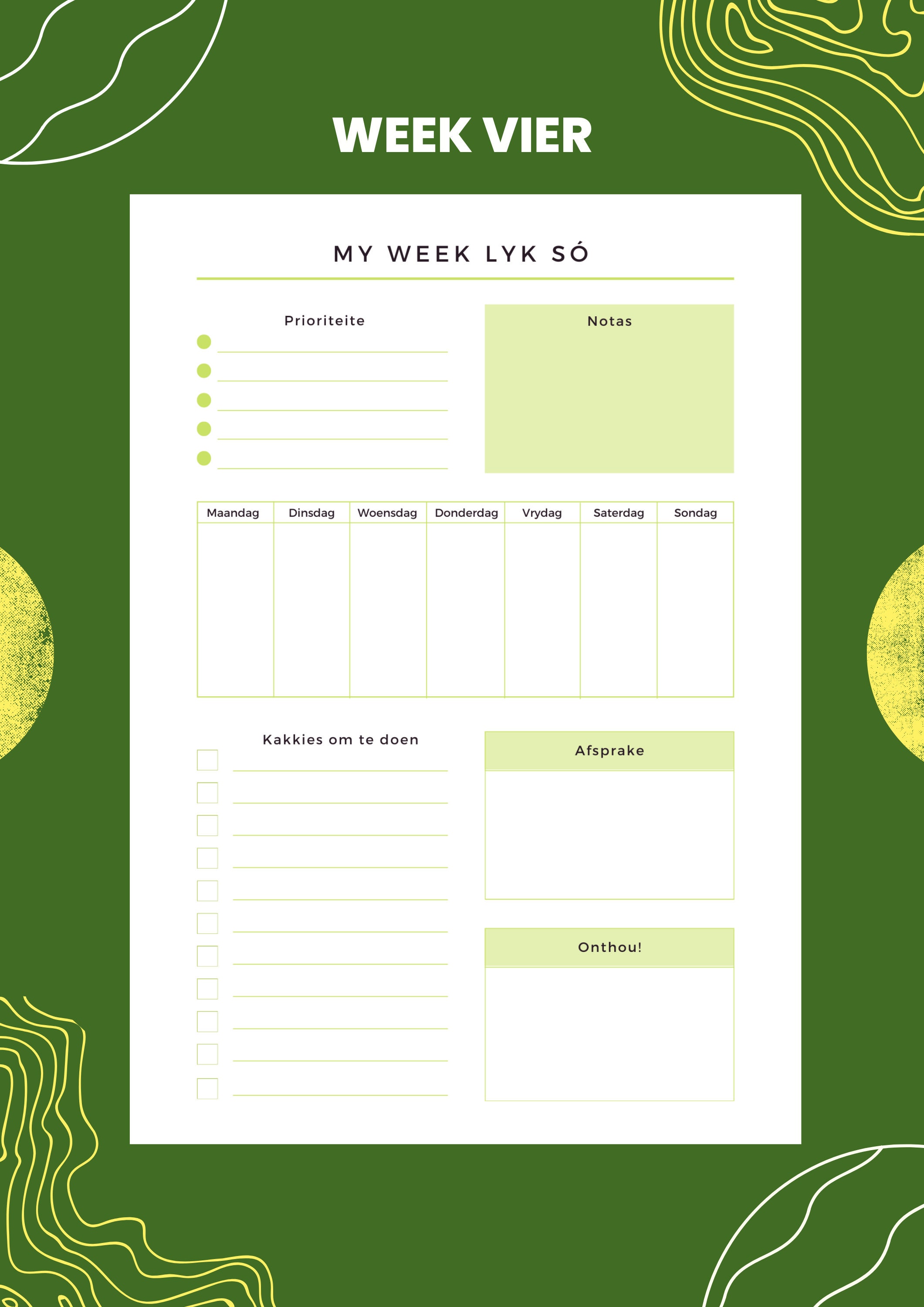 Afrikaans Weekly Planner, Printable A4 Weekly Schedule Organizer ...