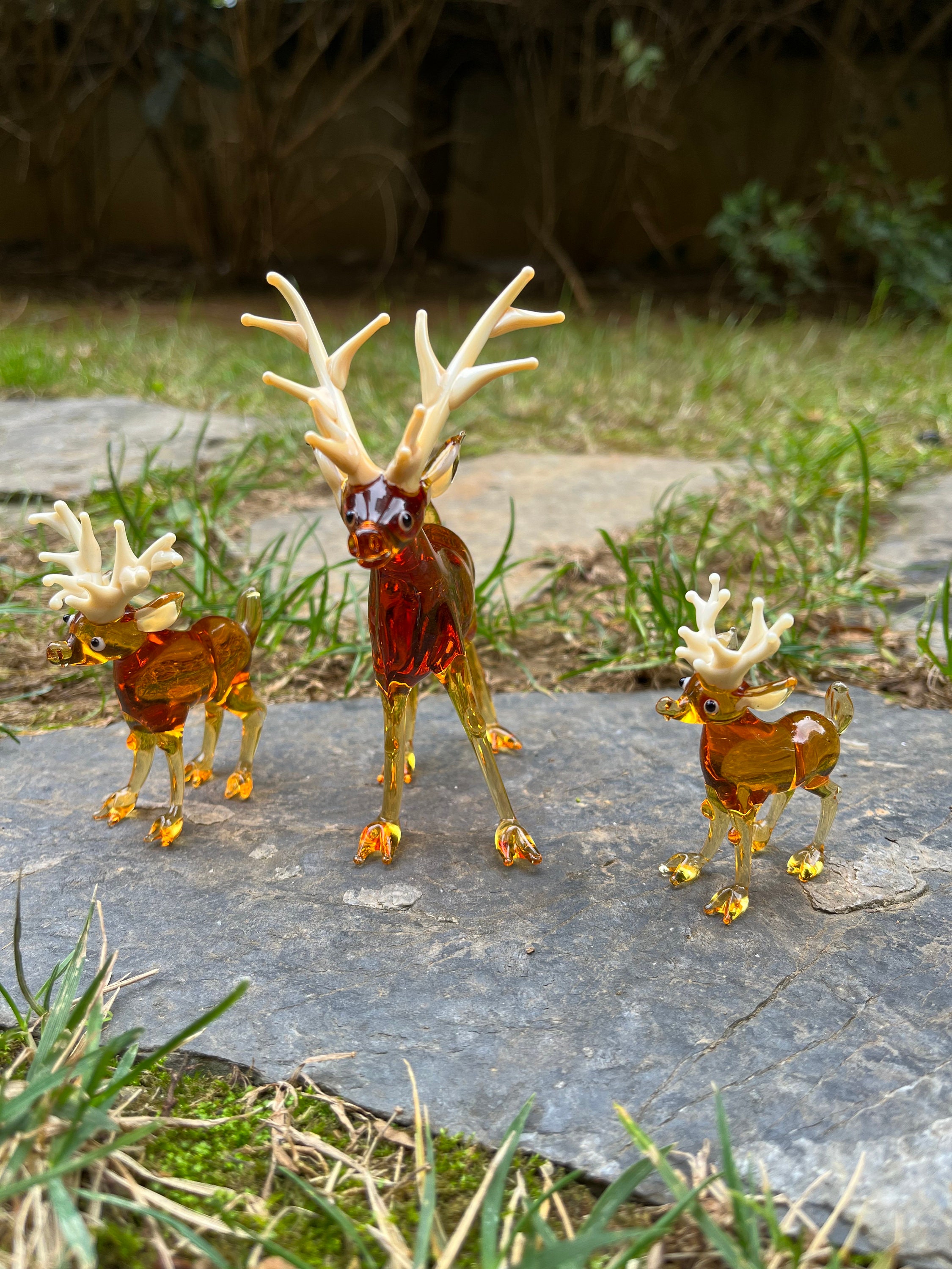 Set of 3 Deer Figurines, Murano Glass Miniature Deer Family With Antler ...
