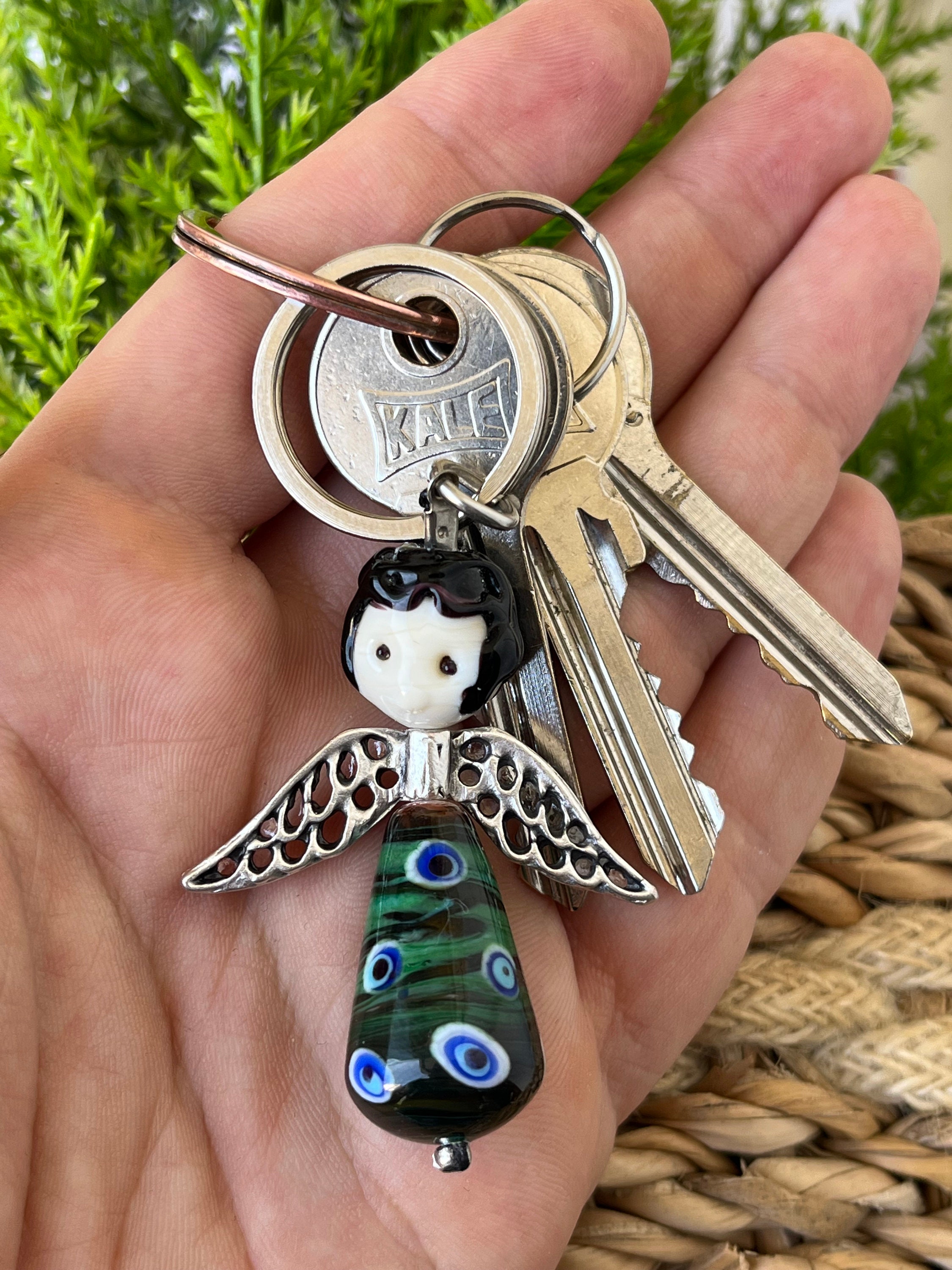 Glass Guardian Angel Keychain, Handmade Glass Green Angel Key Ring Gift ...