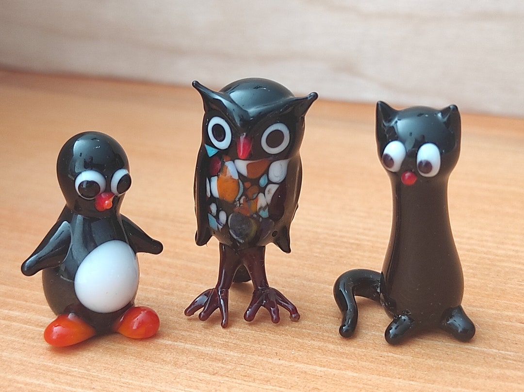 Black Small Animal Figurines, Glass Cat Penguin Owl Ornaments, Animal ...