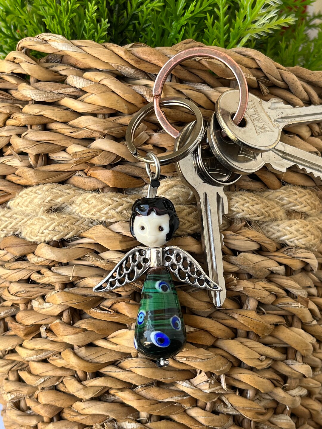Glass Guardian Angel Keychain, Handmade Glass Green Angel Key Ring Gift ...