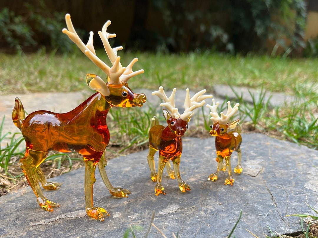 Set of 3 Deer Figurines, Murano Glass Miniature Deer Family With Antler ...