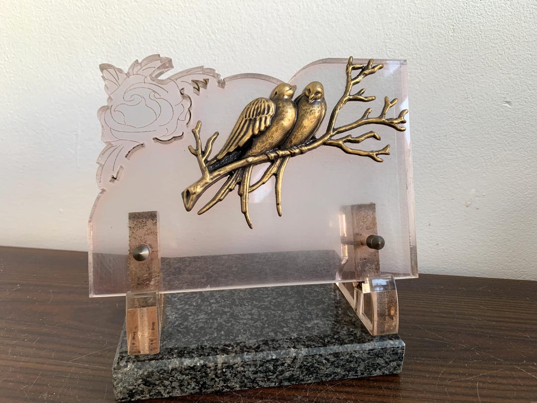 Rare 2 Swallows Brass Monument Memorial Acrylic Natural Stone Antique ...