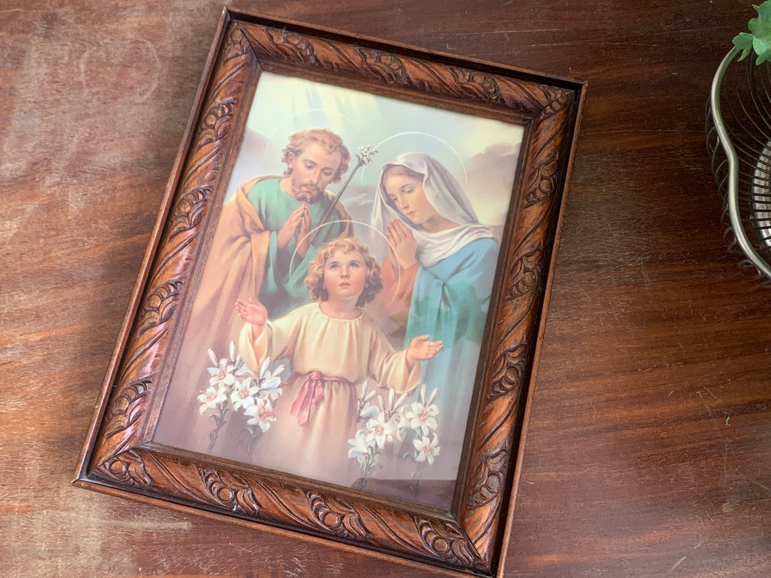 Wooden Frame Hand Curved Antique Jesus Virgin Mary Print Wall Hanging ...
