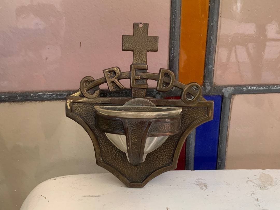 CREDO Holy Water Font Metal Plastic Bowl Cross Antique Vintage Wall ...