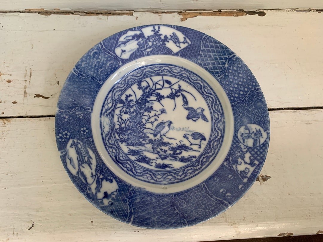Porcelain Plate Japanese Antique Inked Blue White Transfer Print Birds ...
