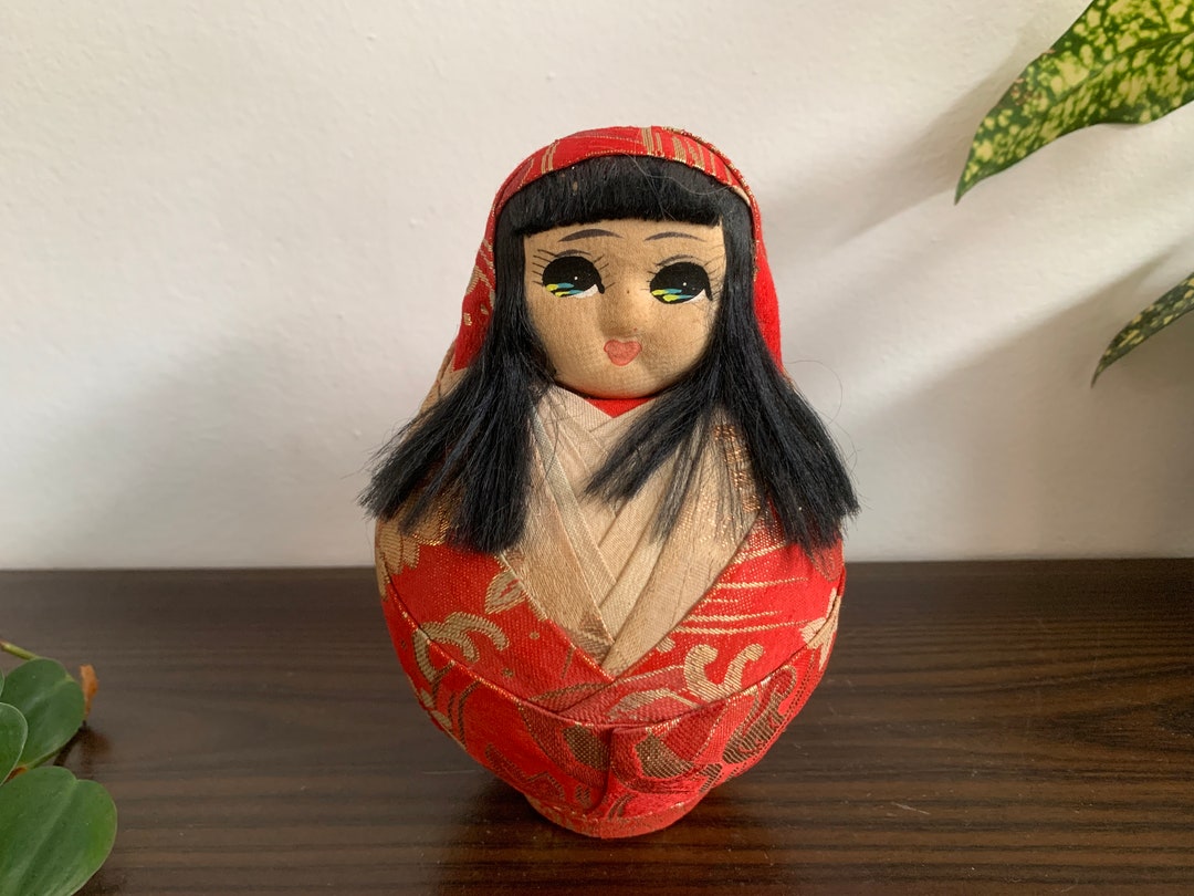 Japanese Doll Kimono Daruma Red Lady Girl Manga Eyes Vintage Large 15 ...