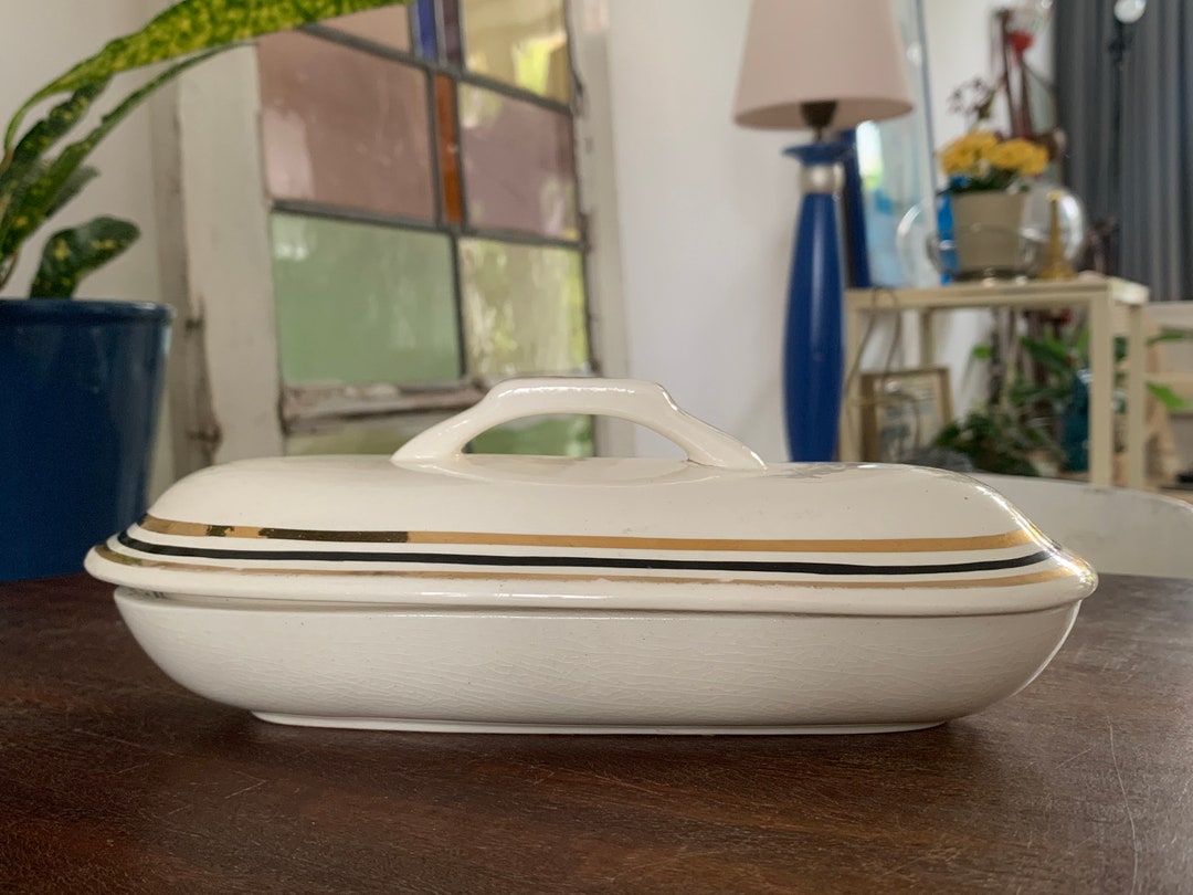 30s NIMY Ceramic Soap Comb Dish Plate Gold Black Line Ivory White ...