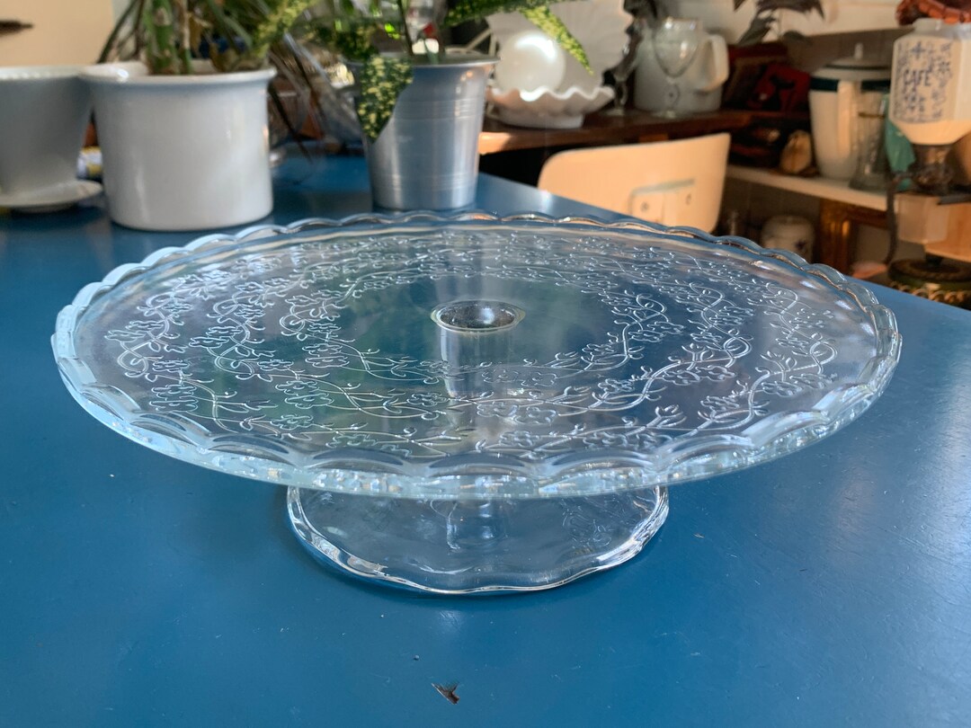 80s Glass Cake Stand Large Flower Embossed Comport Vintage Dessert ...