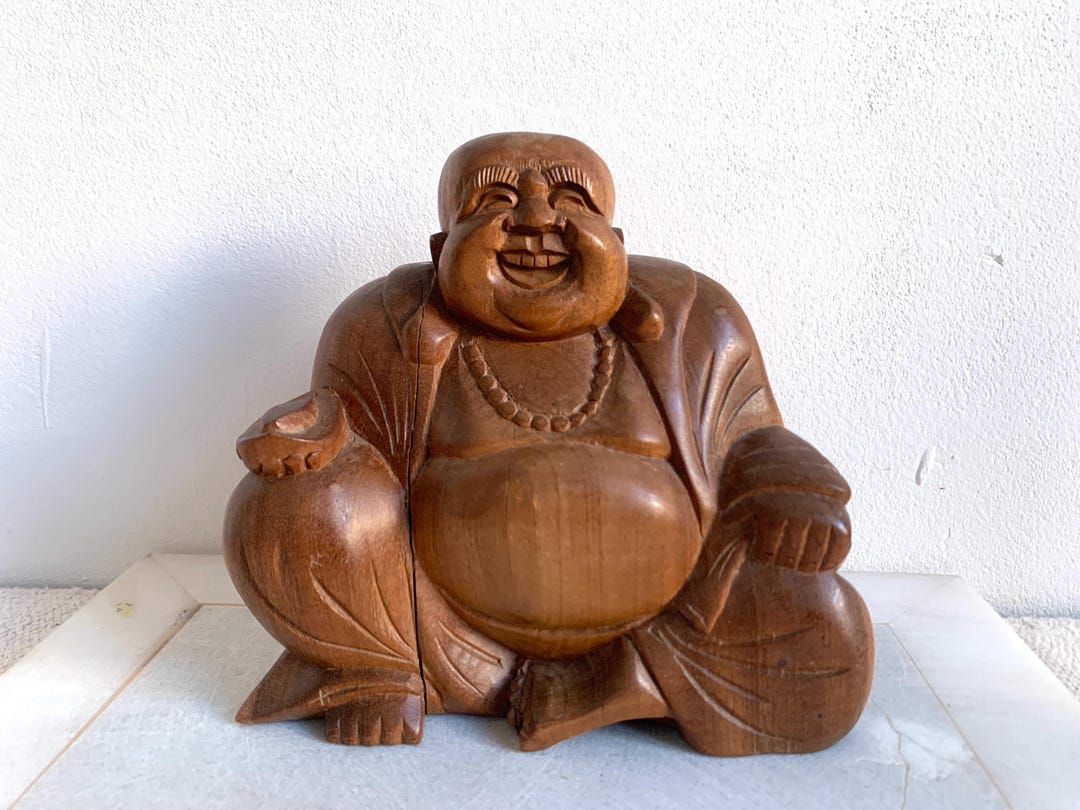 Wooden Buddha Laughing Happy Figurine Statue Carving Chinese Antique ...