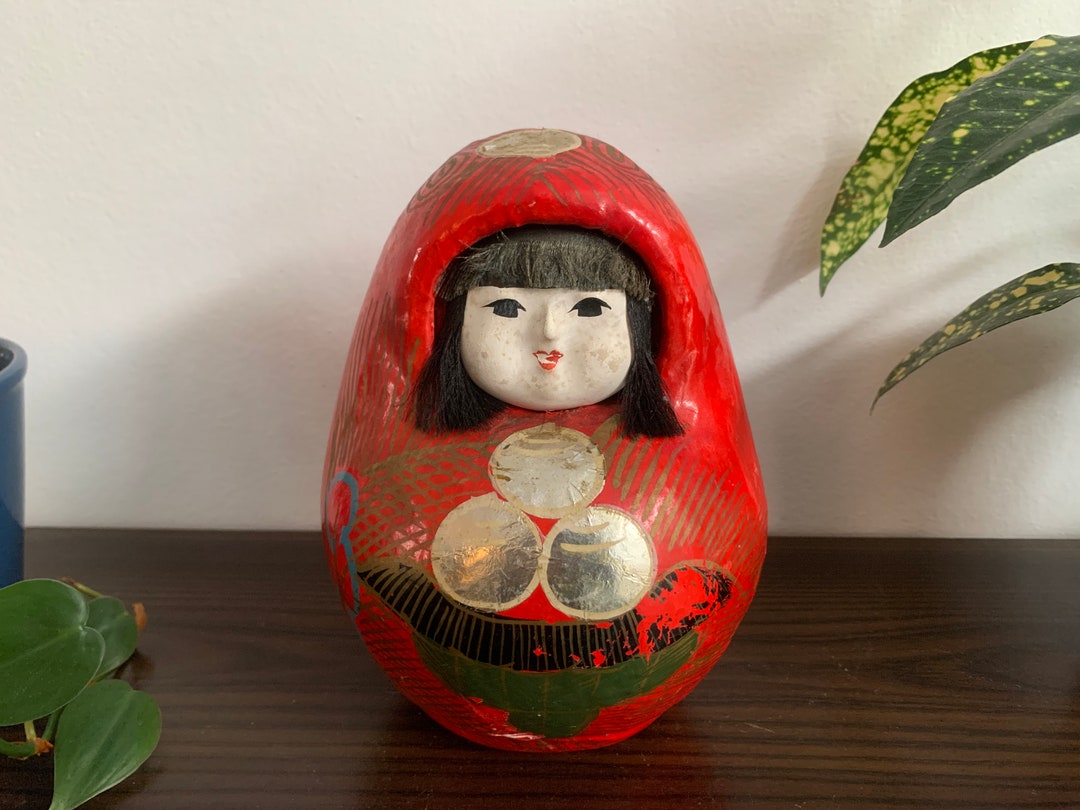 Rare Japanese Doll Daruma Red Lady Girl Wooden Vintage Large 17.5 Cm ...
