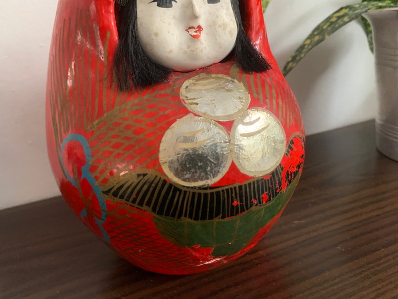 Rare Japanese Doll Daruma Red Lady Girl Wooden Vintage Large 17.5 Cm ...