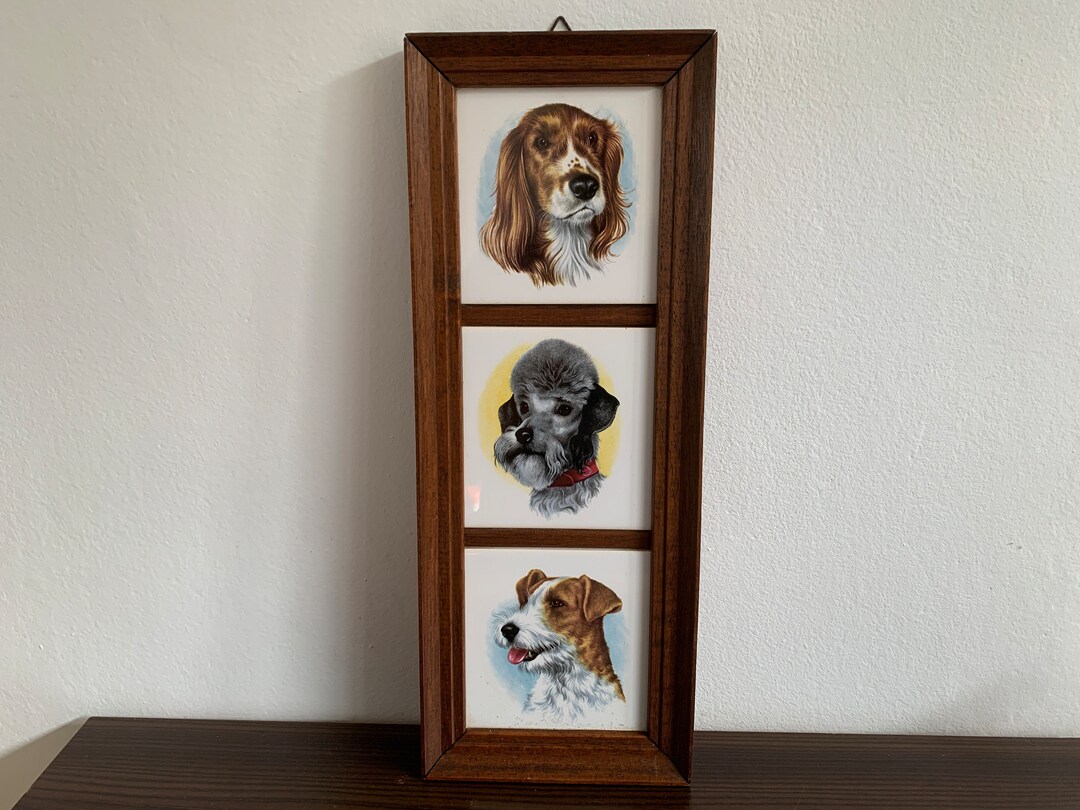 Dogs Tile Ceramic Wooden Frame Wall Hanging Vintage Collective - Etsy