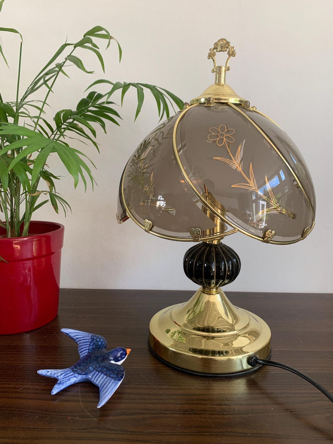 80s Table Lamp Glass Shade Hollywood Regency Style Vintage Touch Sensor ...