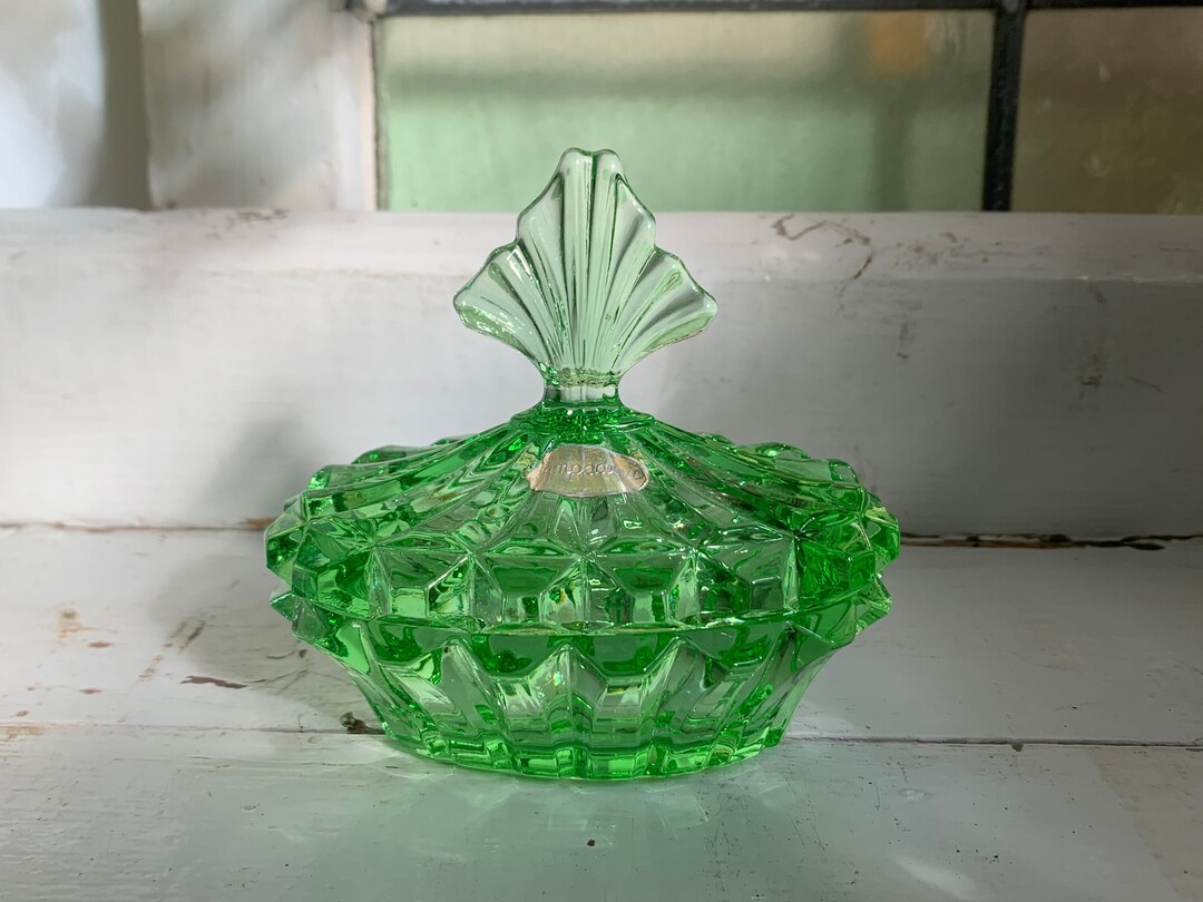 Green Crystal Glass Sugar Candy Pot Made in Austria Accessory Case ...