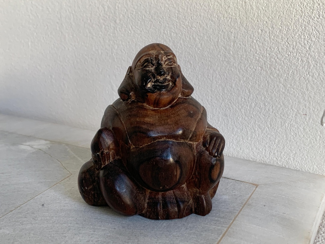 Wooden Antique Buddha Laughing Happy Figurine Statue Carving Chinese ...