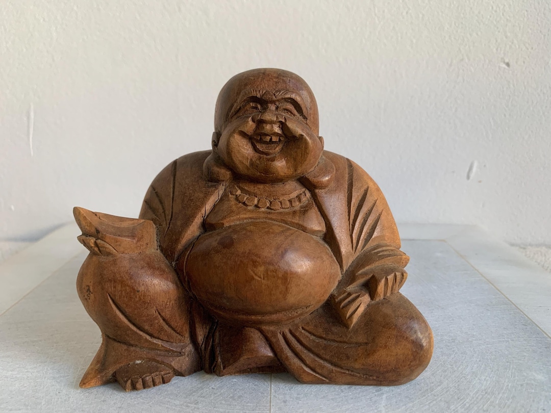 Wooden Buddha Laughing Happy Figurine Statue Carving Chinese Antique - Etsy