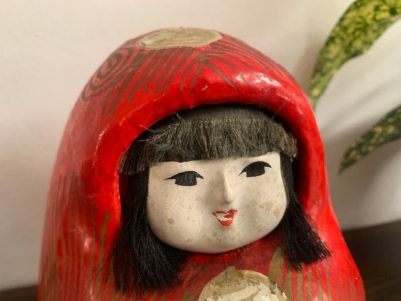 Rare Japanese Doll Daruma Red Lady Girl Wooden Vintage Large 17.5 Cm ...