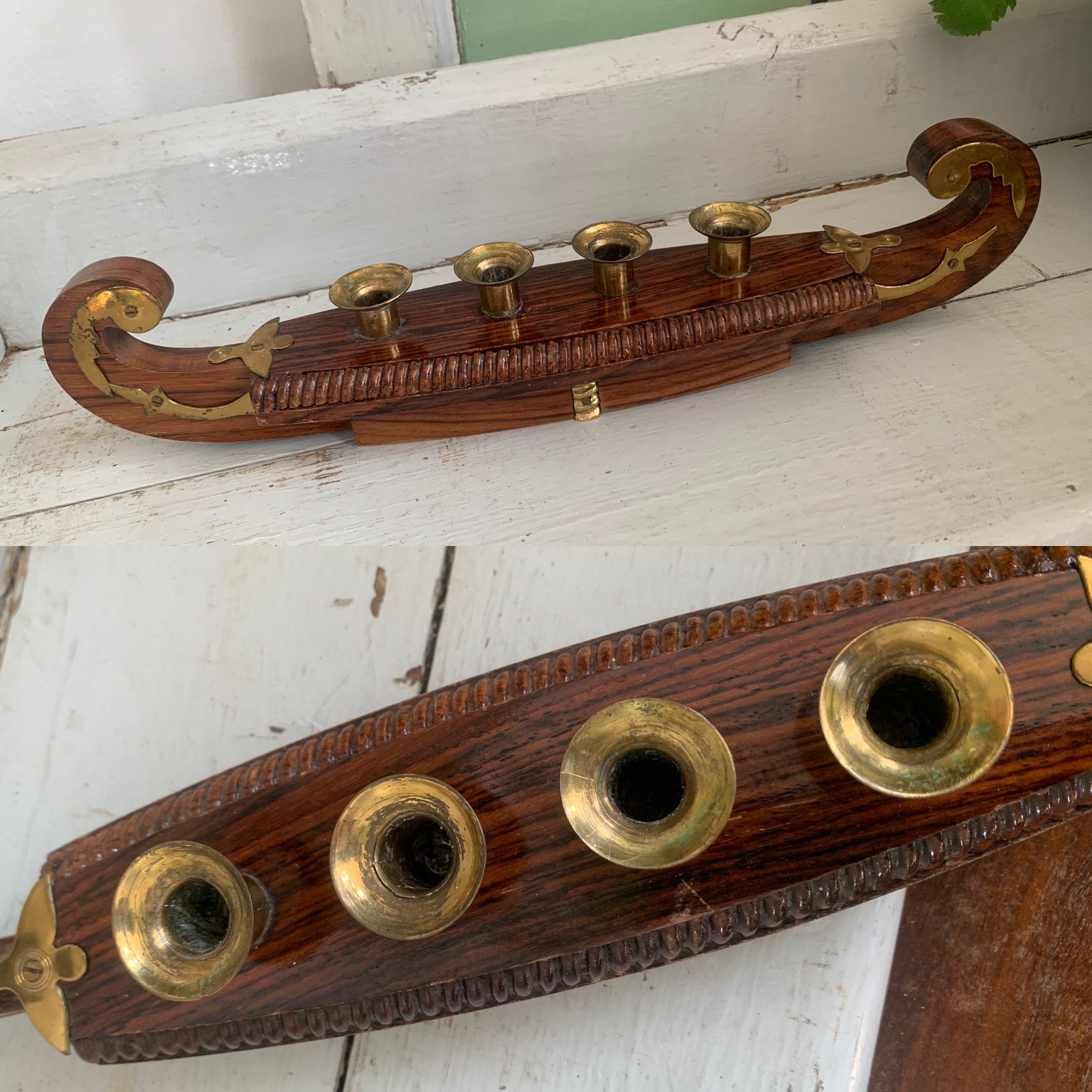 Boat Ship Wooden Candle Holder Stand Vintage Antique Brass 4 Candles - Etsy