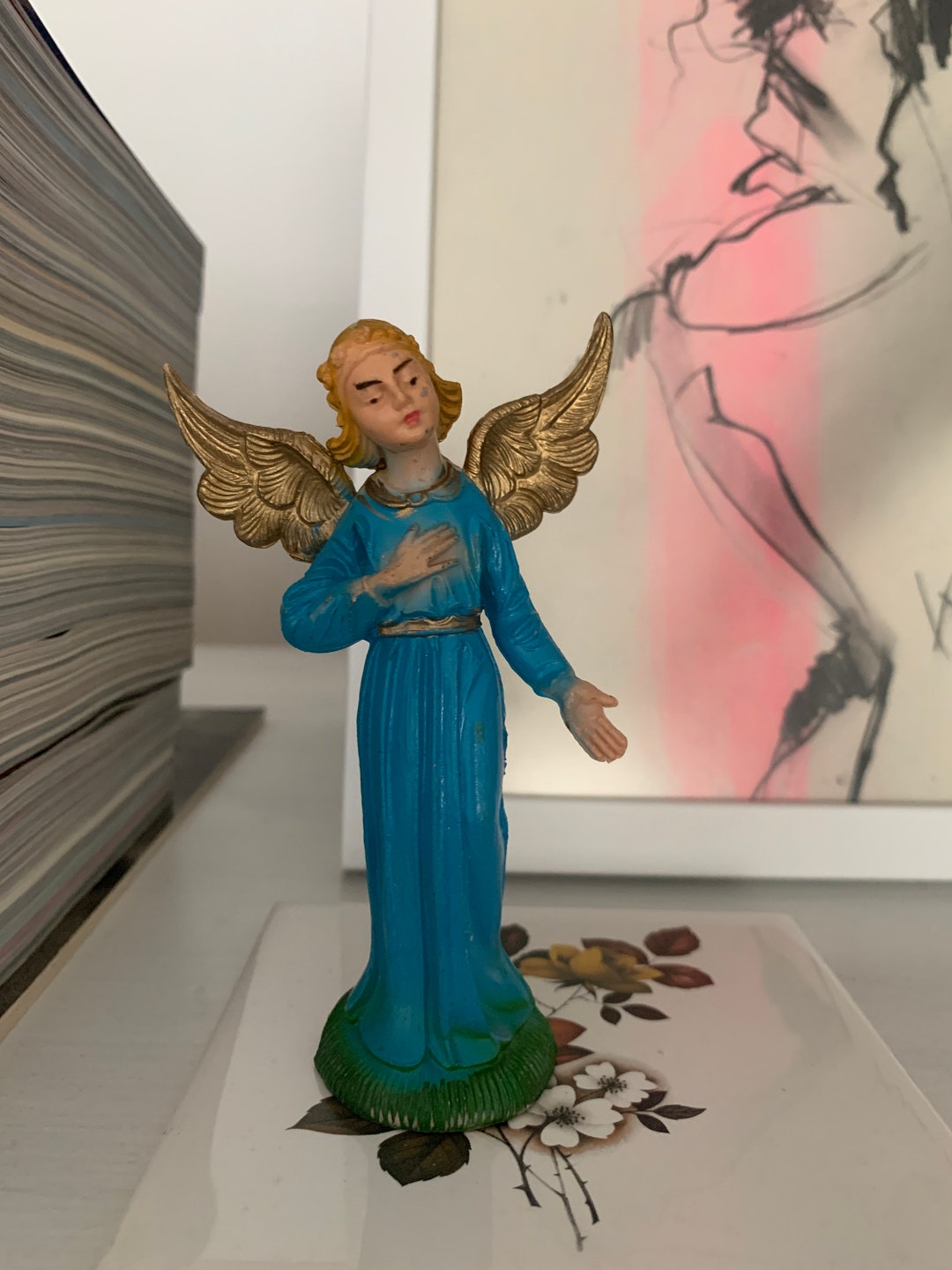 70s Angel Made in Italy Statue Interior Table Deco Blue Vintage Figure ...
