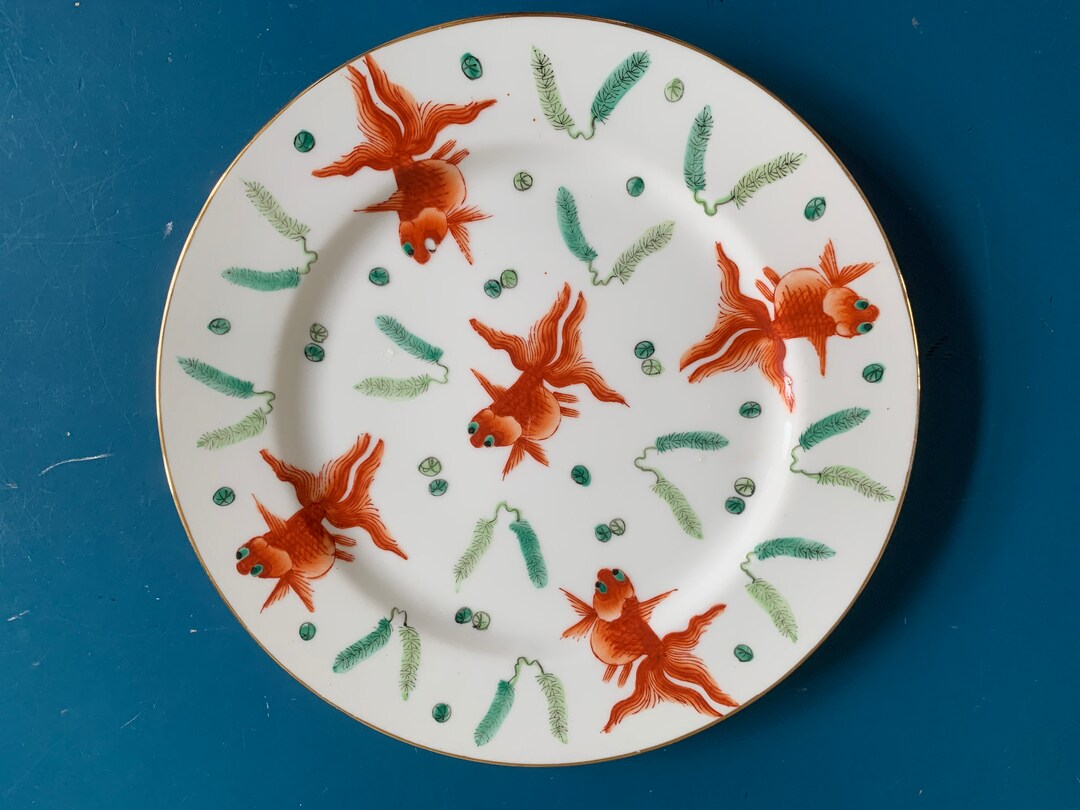 Telescope Goldfish 出目金 Chinese Ceramic Plate 26 Cm Shrimp Antique ...