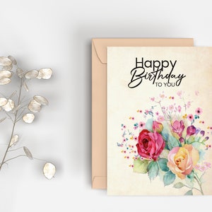 Birthday Card, Floral Printable Card, Instant Download, Happy Birthday ...