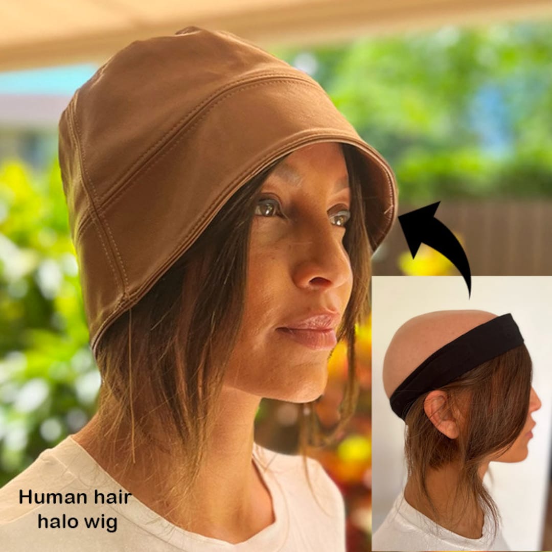 Human Hair Halo Wigs For Hats Alopecia And Chemo Wig Hat With Hair Beanie With Hair Halo