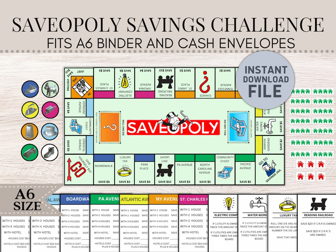Saveopoly Savings Challenge | Saveopoly Tracker | A6 Savings Challenge ...