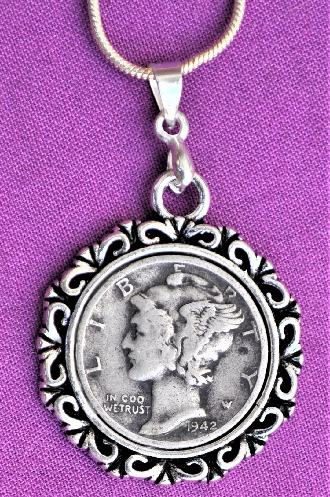 Vintage 1942 Silver Mercury Head Dime Pendant Necklace - Etsy