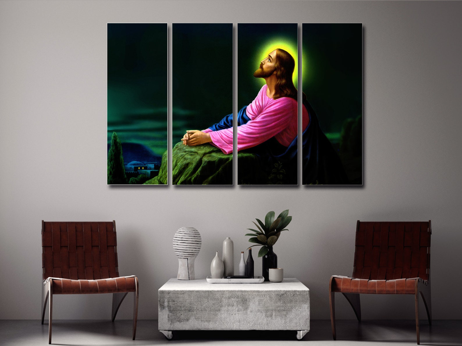 Jesus Praying 4 Pieces Canvas Wall Art, Large Framed 4 Piece Canvas ...