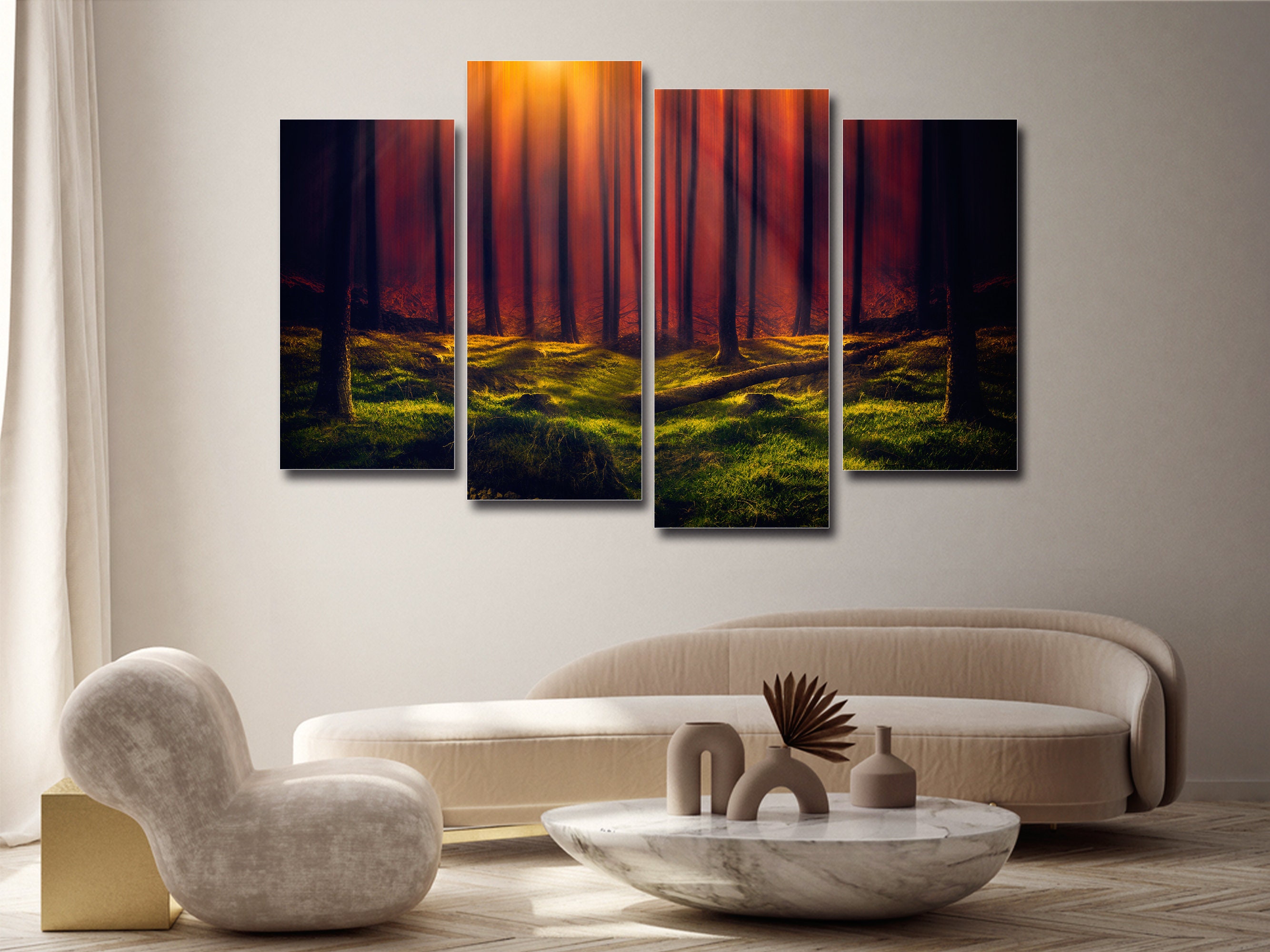 Sun Rays Forest 4 Pieces Canvas Wall Art, Large Framed 4 Piece Canvas ...