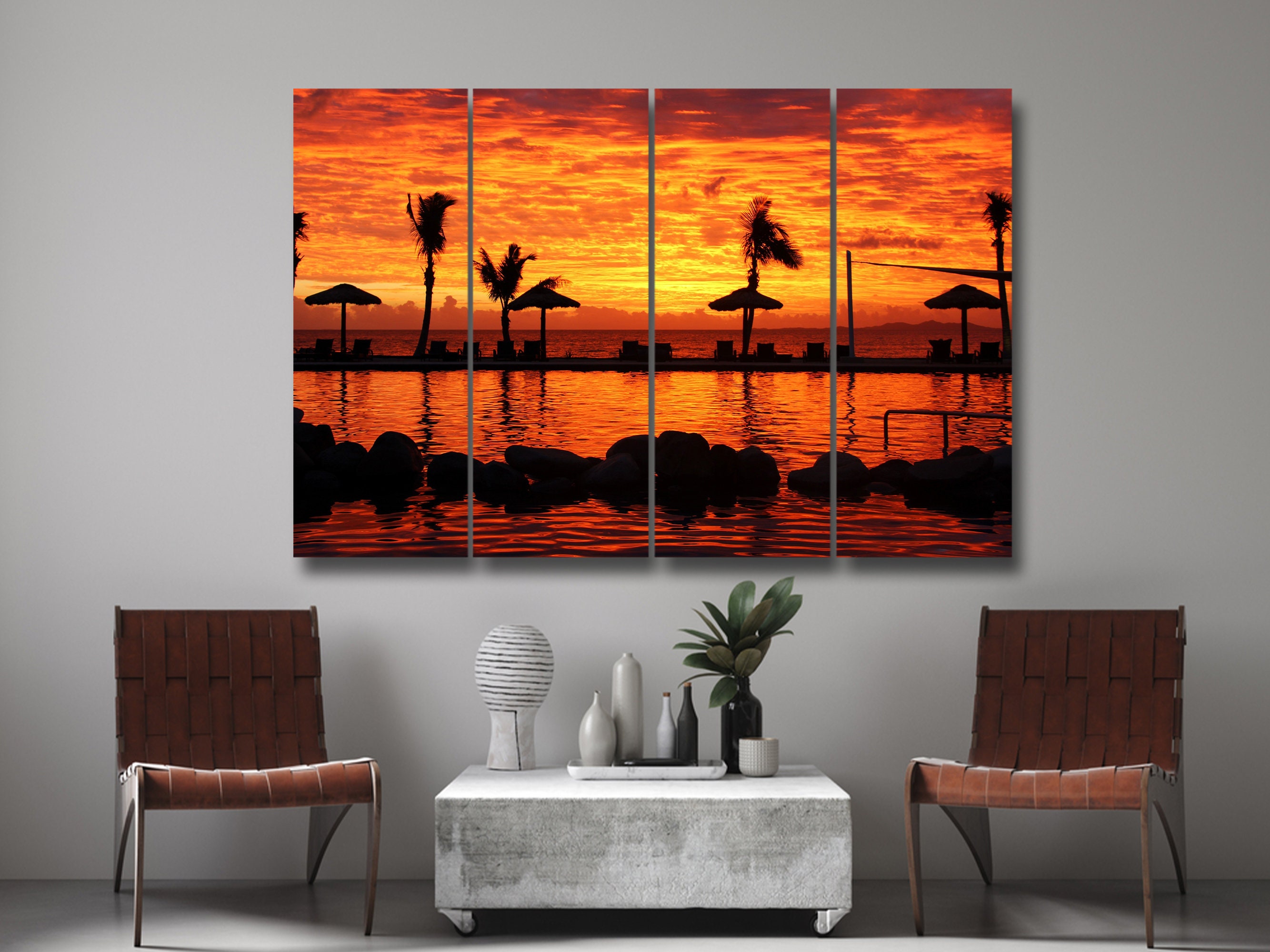 Orange Sunset Maldives Beach 4 Piece Canvas Wall Art, Large Framed 4 ...