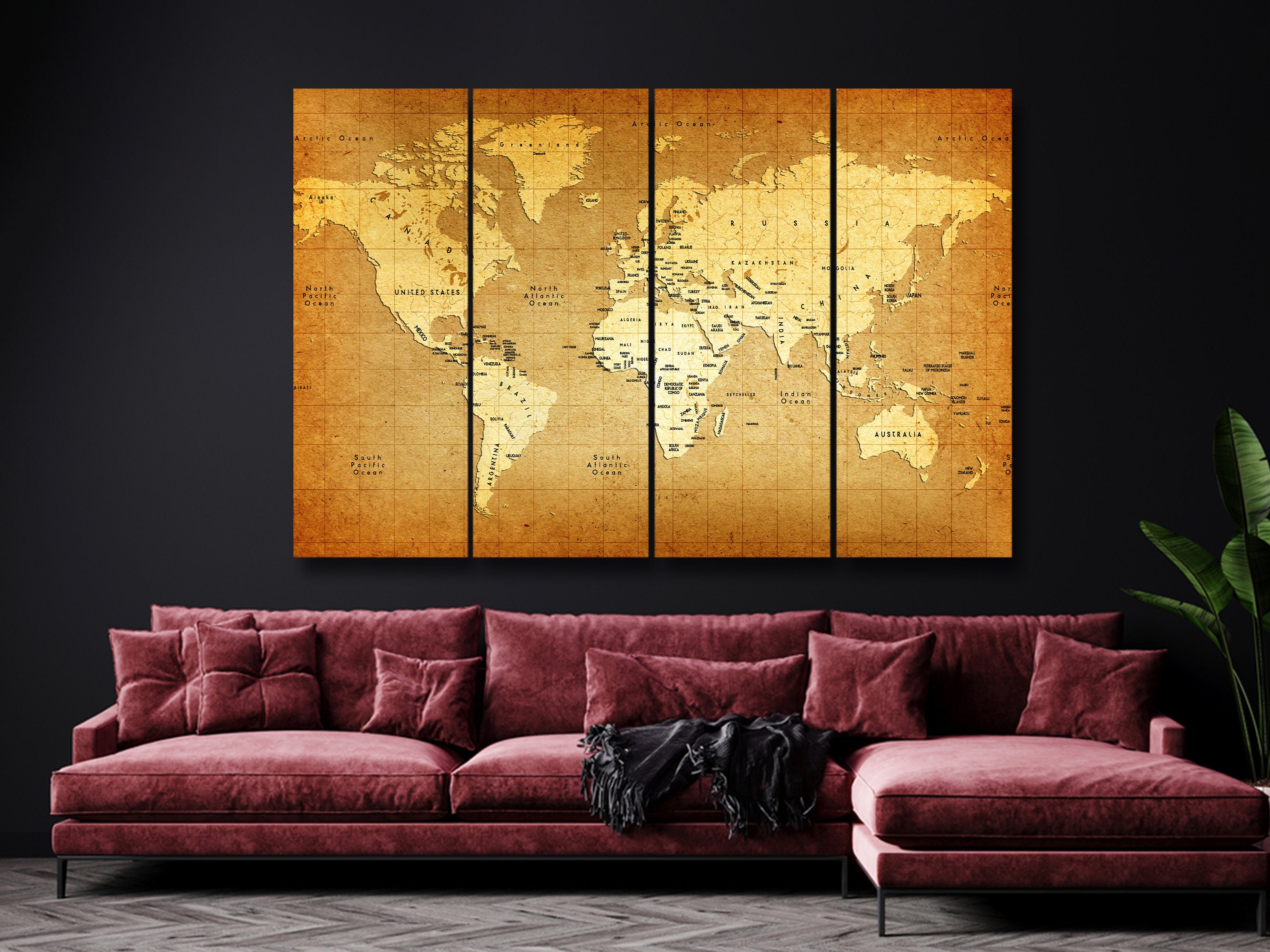 Old World Map, Vintage World Map 4 Pieces Canvas Wall Art, Large Framed ...
