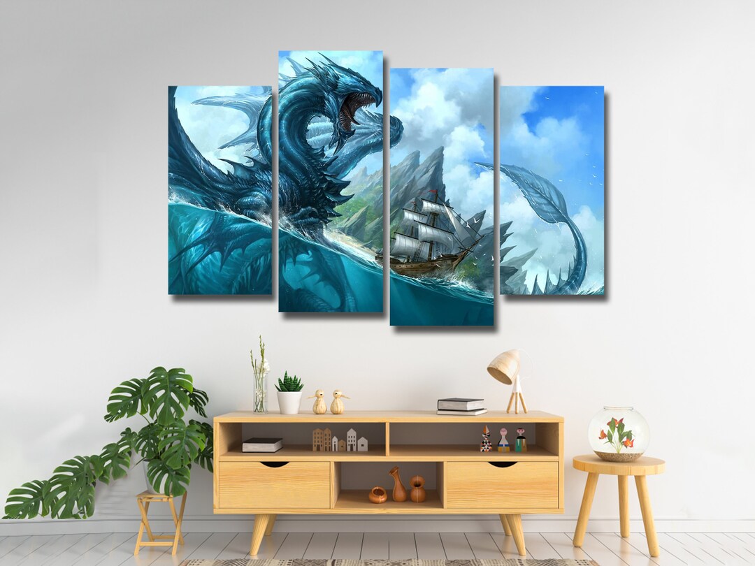 Great Wyrm Blue Dragon 4 Piece Canvas Wall Art, Large Framed 4 Piece ...