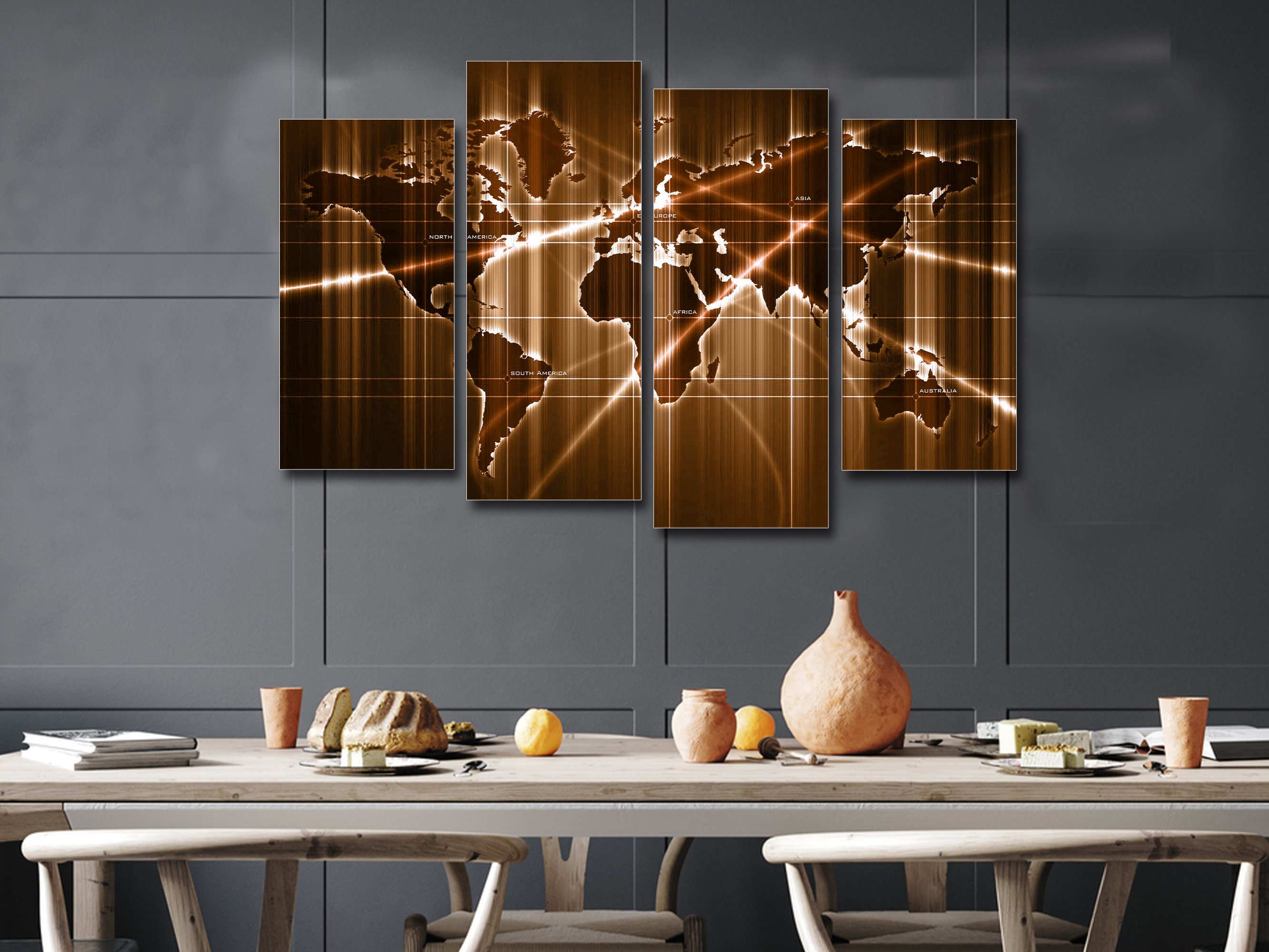 Digital World Map 4 Pieces Canvas Wall Art, Large Framed 4 Piece Canvas ...