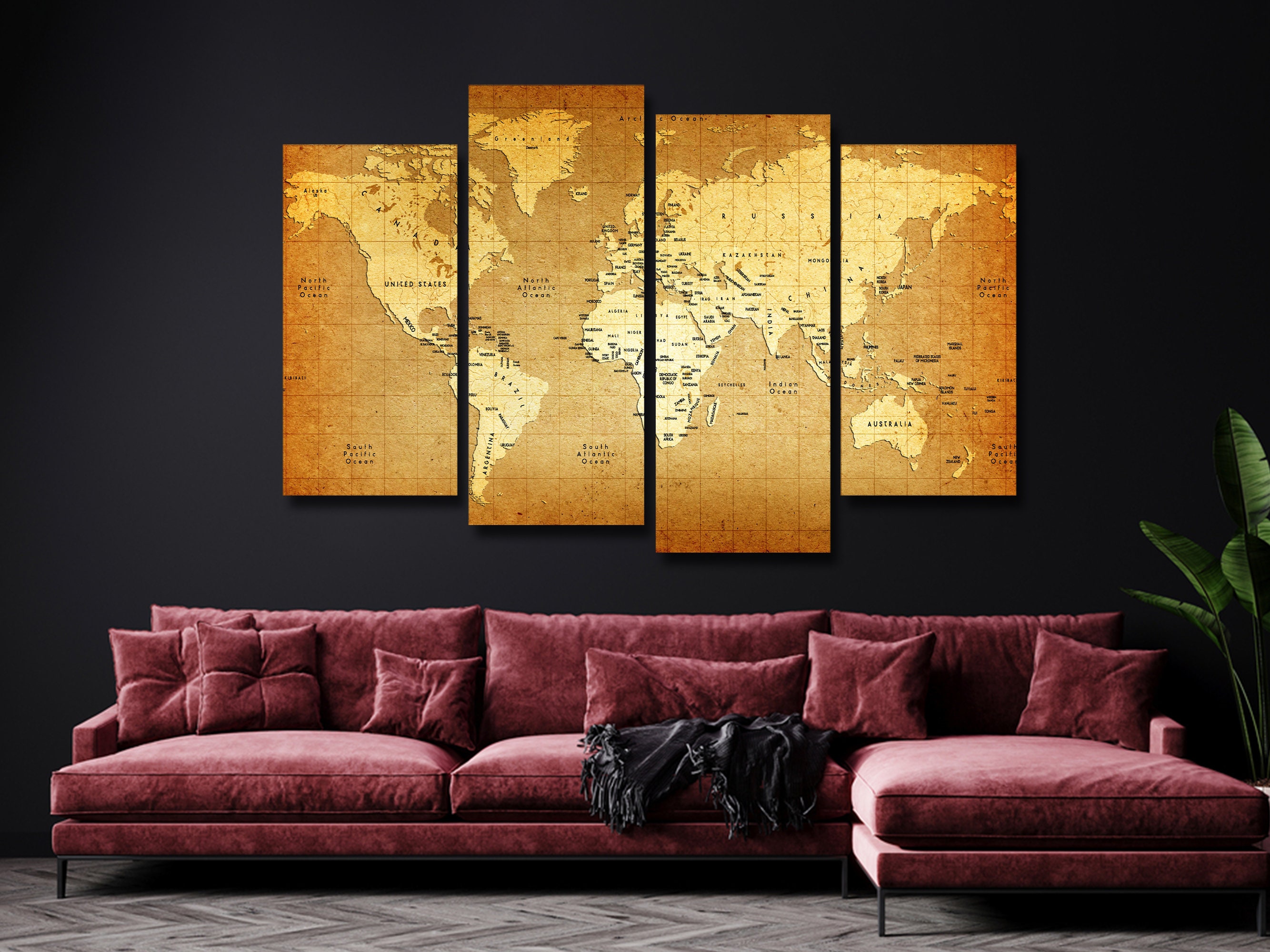 Old World Map, Vintage World Map 4 Pieces Canvas Wall Art, Large Framed ...