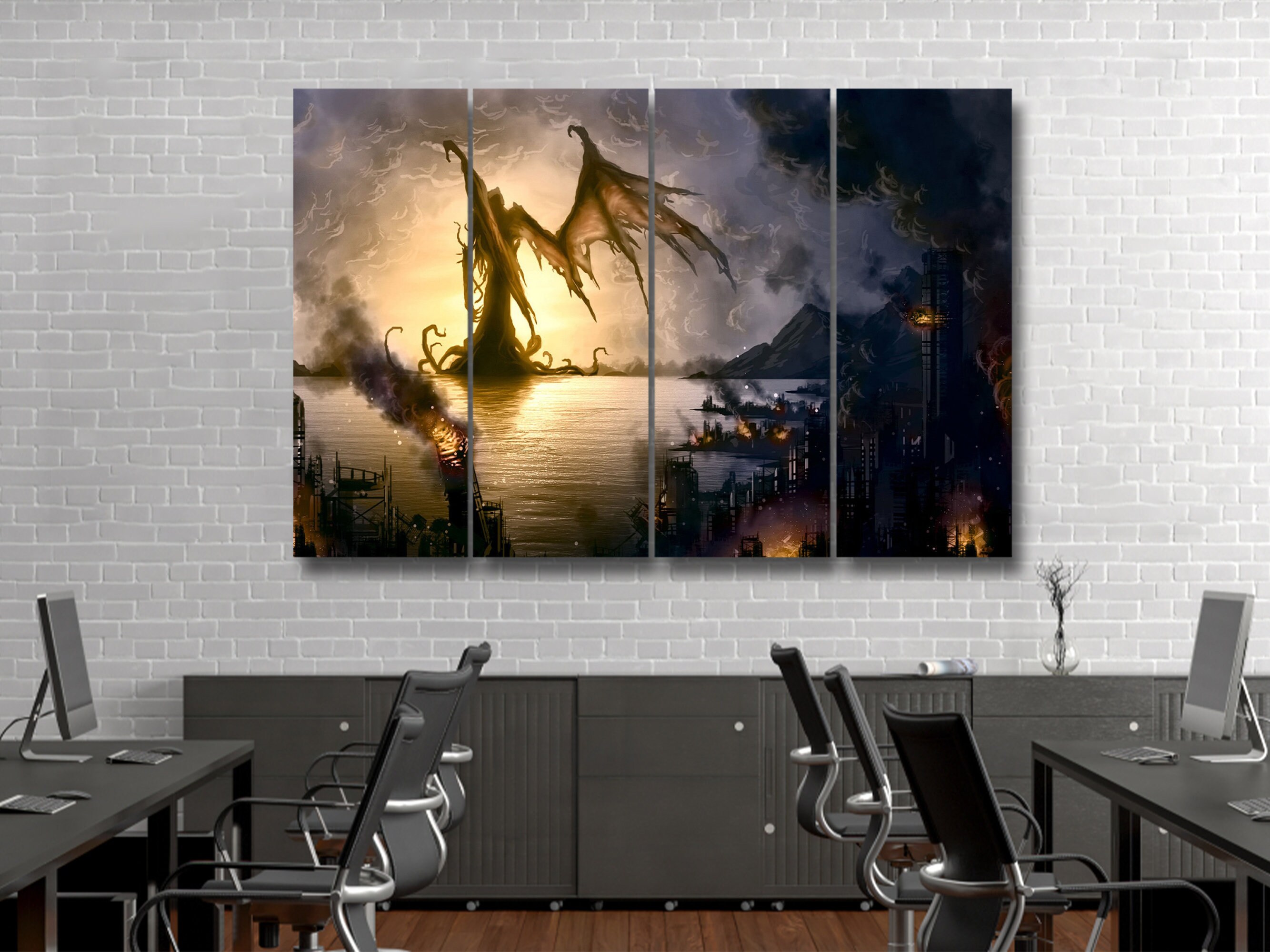 Great Cthulhu Burning Ruins 4 Piece Canvas Wall Art, Large Framed 4 ...