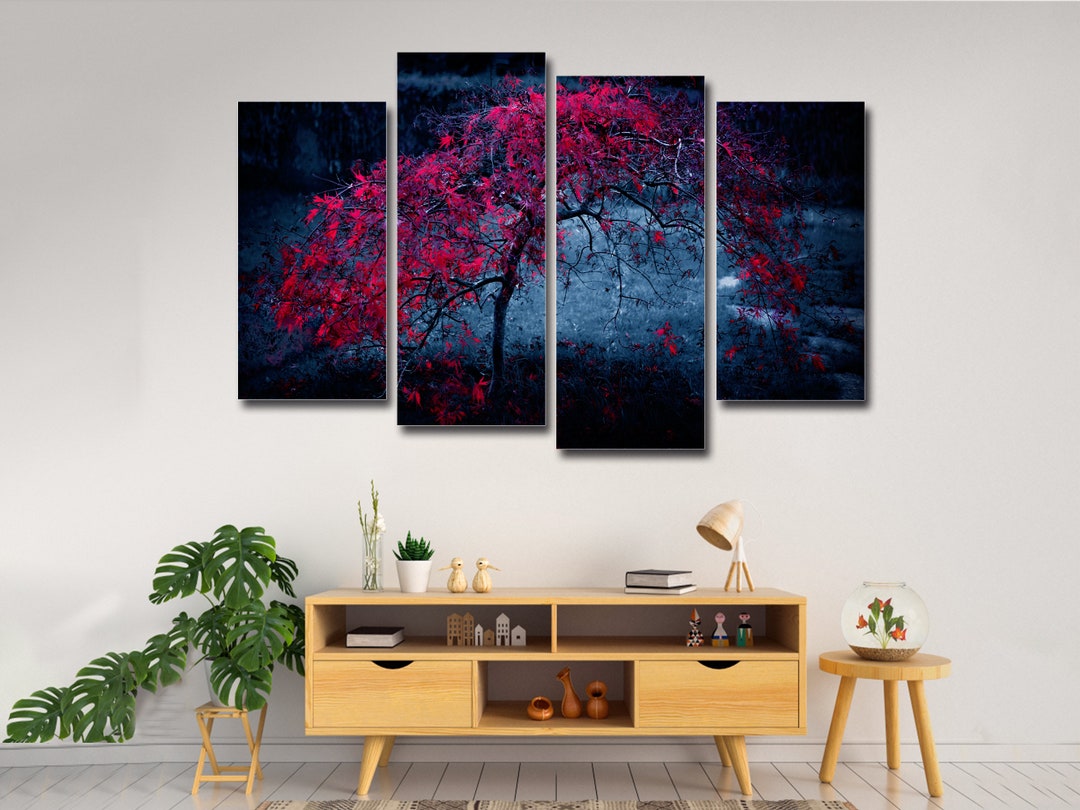 Nature Black and Red 4 Piece Canvas Wall Art, Large Framed 4 Piece ...