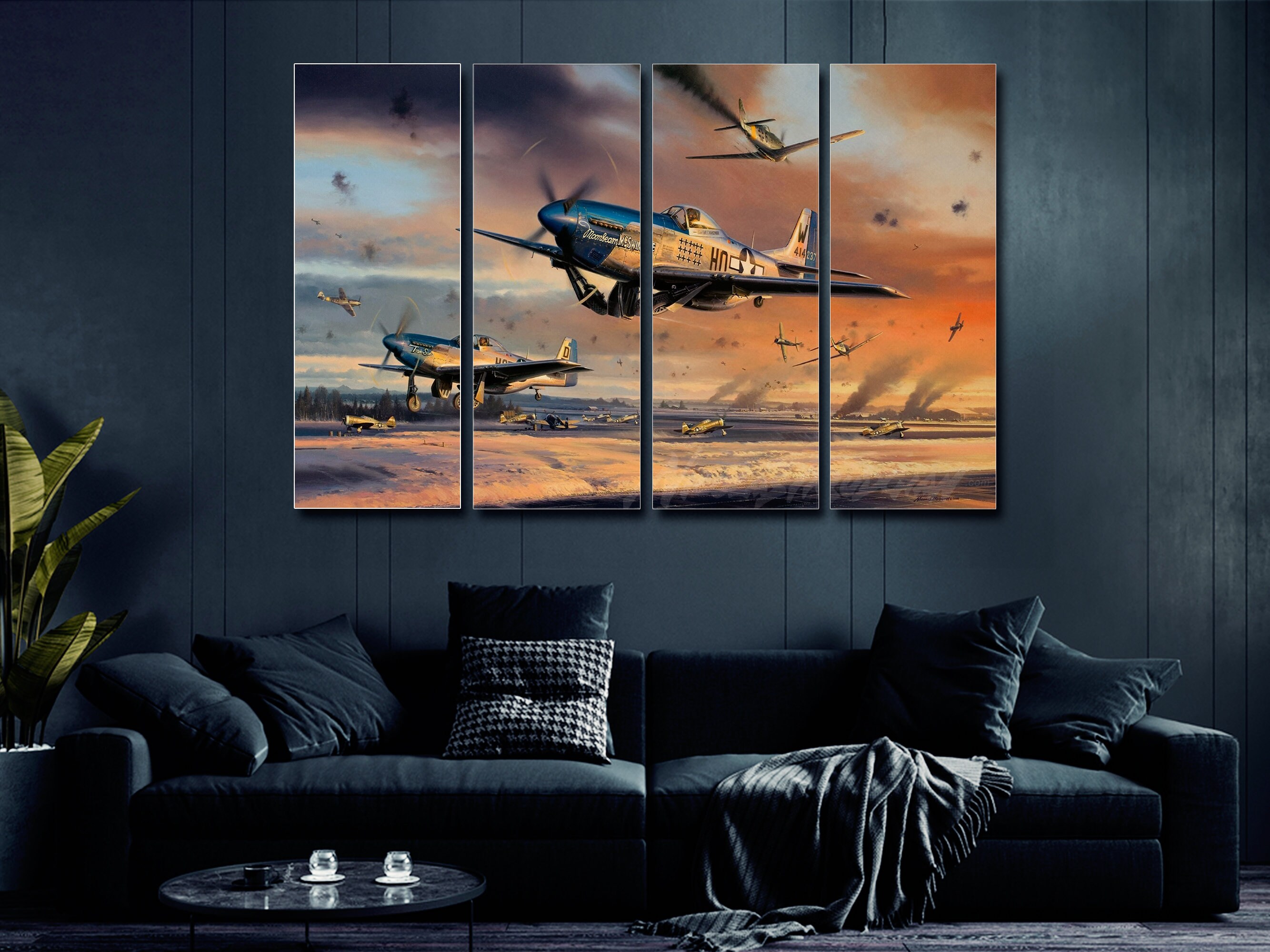P-51 Mustang Aircraft 4 Pieces Canvas Wall Art, Large Framed 4 Piece ...