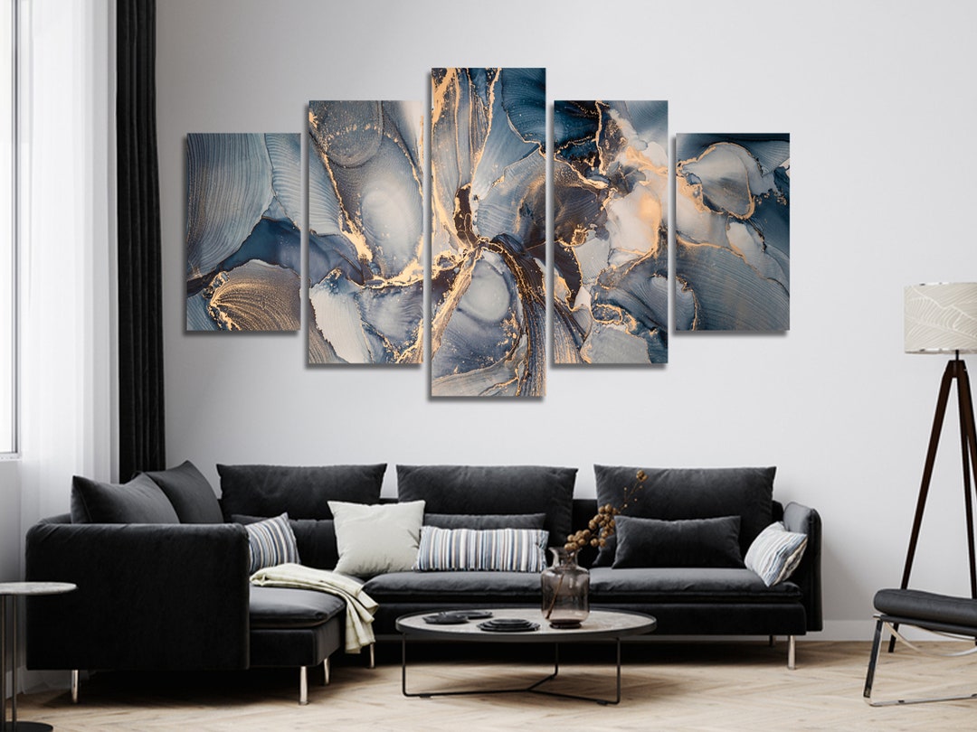 Blue Gray and Gold Art Multi Canvas Wall Art, Large Framed Canvas Wall ...